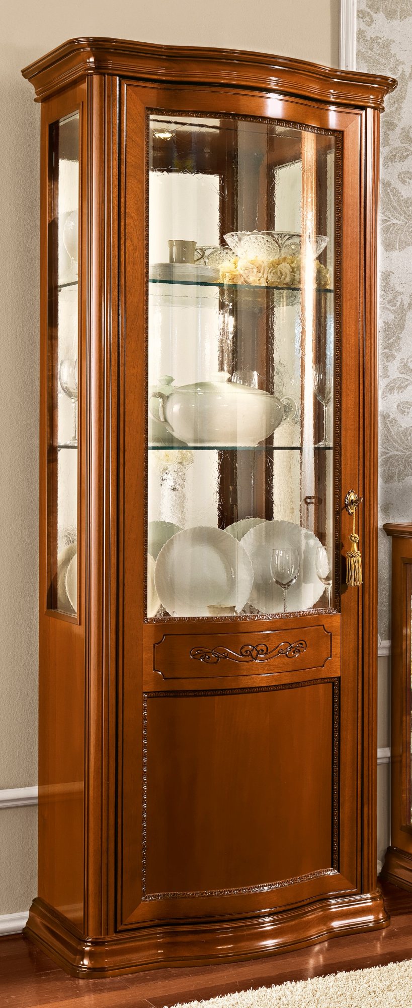Camel Group Torriani Walnut 1 Curved Door Vitrine With Mirror and LED ...